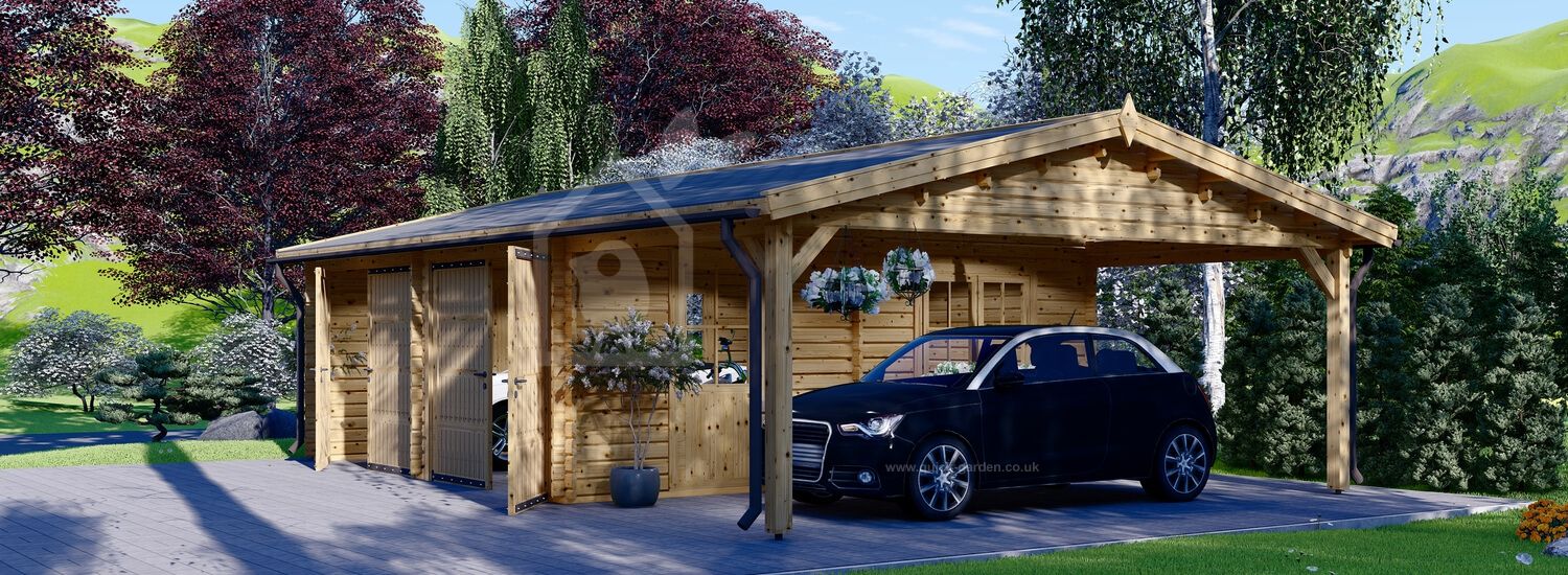 Double Wooden Garage MULTI (44 mm) 6x6 m With Single Carport 3x6 m